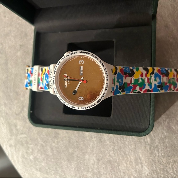 Swatch | Accessories | Swatch Gold Dial With Colorful Camouflage Strap ...